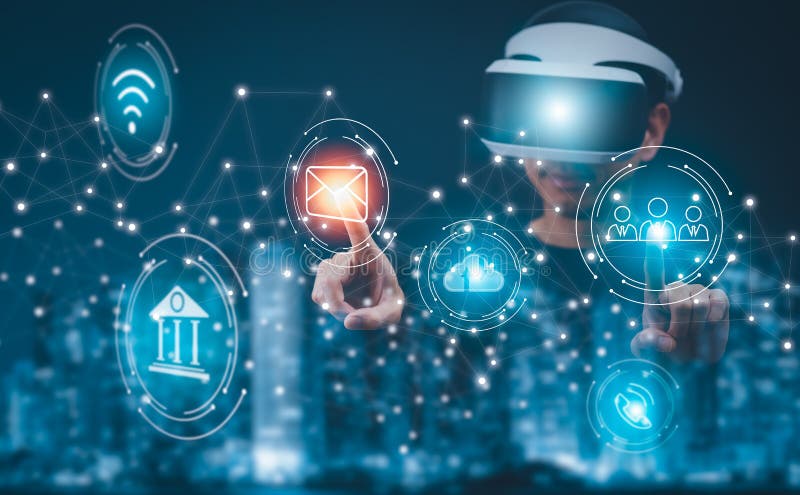 Man Wearing VR Glasses Virtual Touchscreen on the Graph Screen Icon of ...