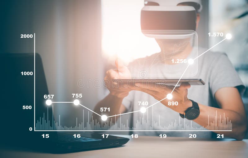 Man Wearing VR Glasses Virtual Touchscreen on the Graph Screen Icon of ...
