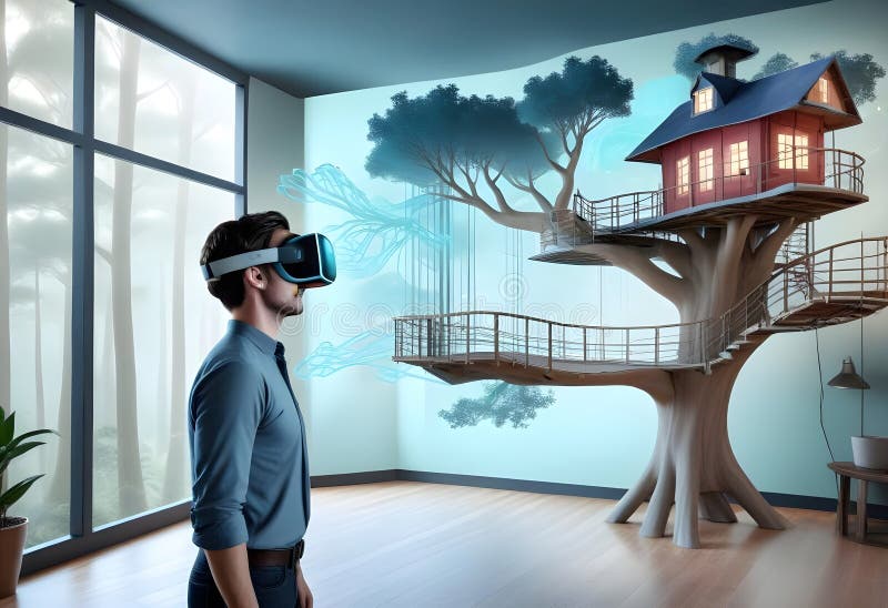 A Man Wearing a VR Headset Experiences a Virtual Reality Treehouse in a ...