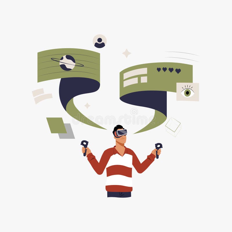 Man in VR Headset Interacting with Virtual Screens in Flat Vector ...