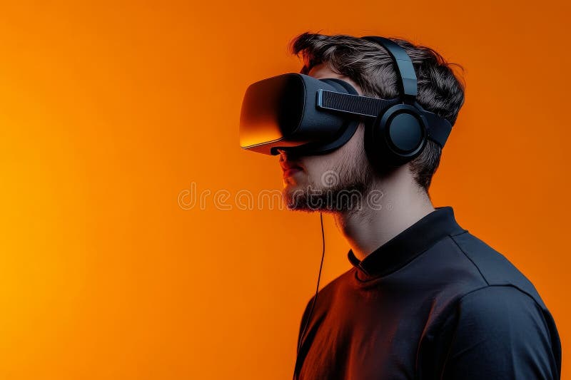 Man Wearing a VR Headset in an Orange Lit Environment Symbolizing ...