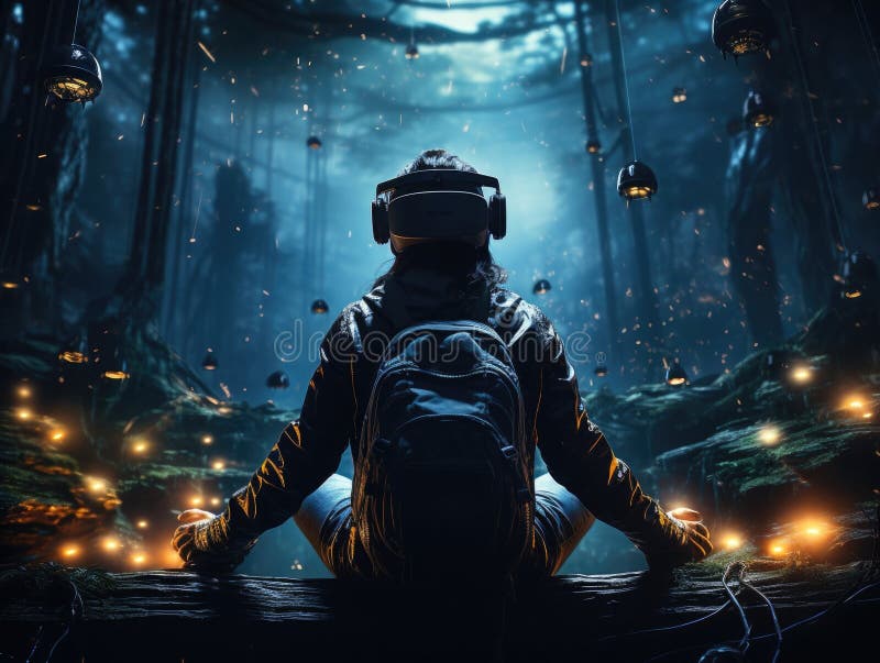 A Man Wearing a VR Headset Sit in the Forest Scene, Firefly Light ...