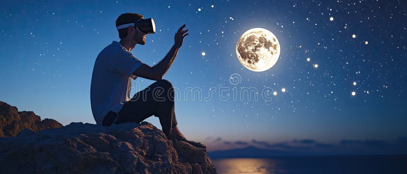 "VR HEADSET USER STARING at MOON from CLIFF at NIGHT" Stock ...