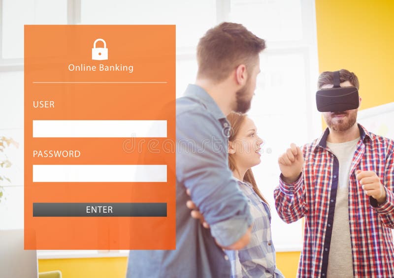 Man Wearing VR Virtual Reality Headset with Bank Login Online Interface ...