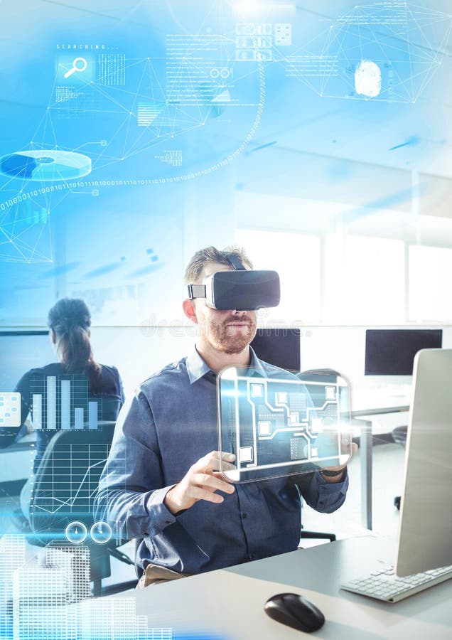 Man on Computer Wearing VR Virtual Reality Headset with Interface Stock ...