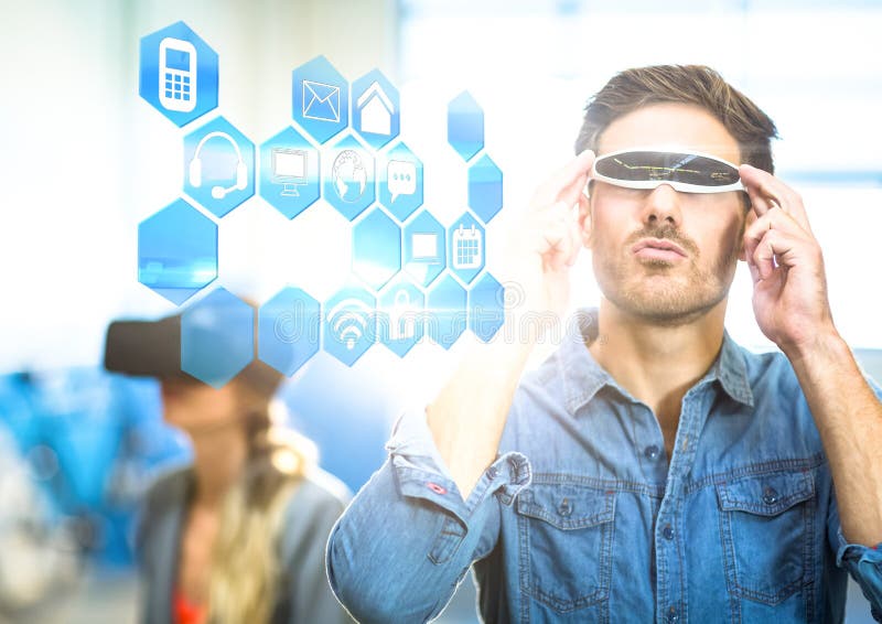 Man Wearing VR Virtual Reality Headset with Interface Stock Image ...
