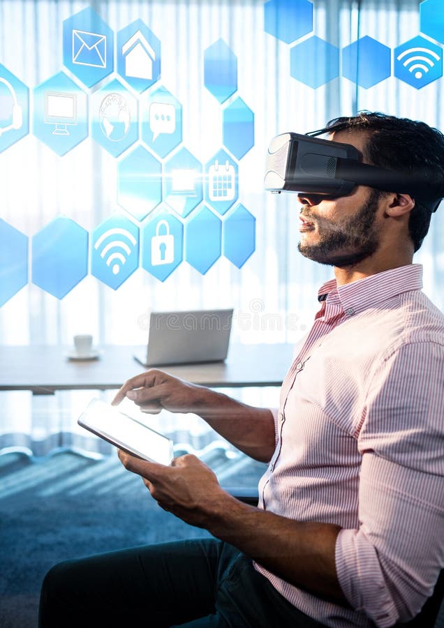 Man Wearing VR Virtual Reality Headset with Interface Stock Photo ...