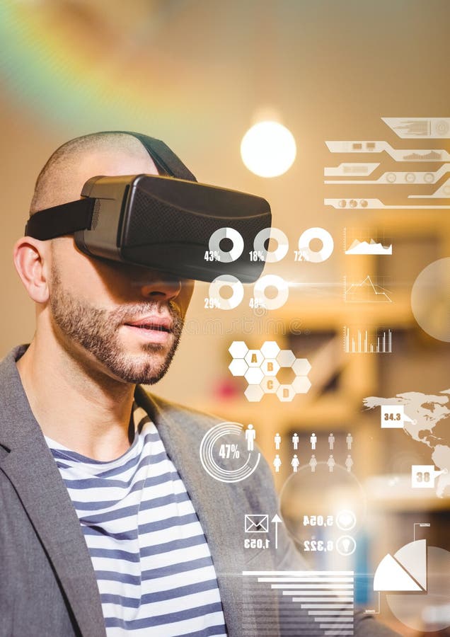 Man Wearing VR Virtual Reality Headset with Interface Orbs Stock Photo ...
