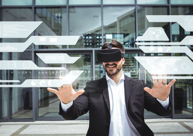 Man Wearing VR Virtual Reality Headset with Interface Stock Image ...