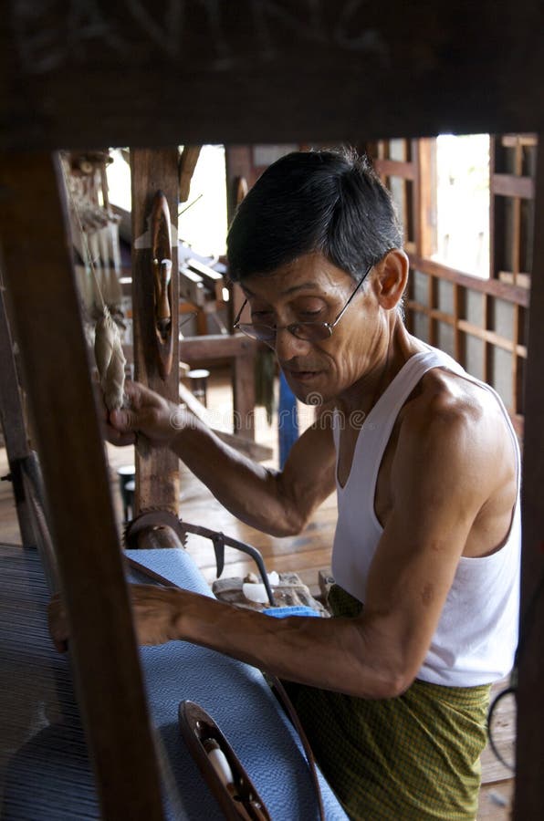 Man Weaving Silk by Hand on a Machine Editorial Stock Image - Image of ...