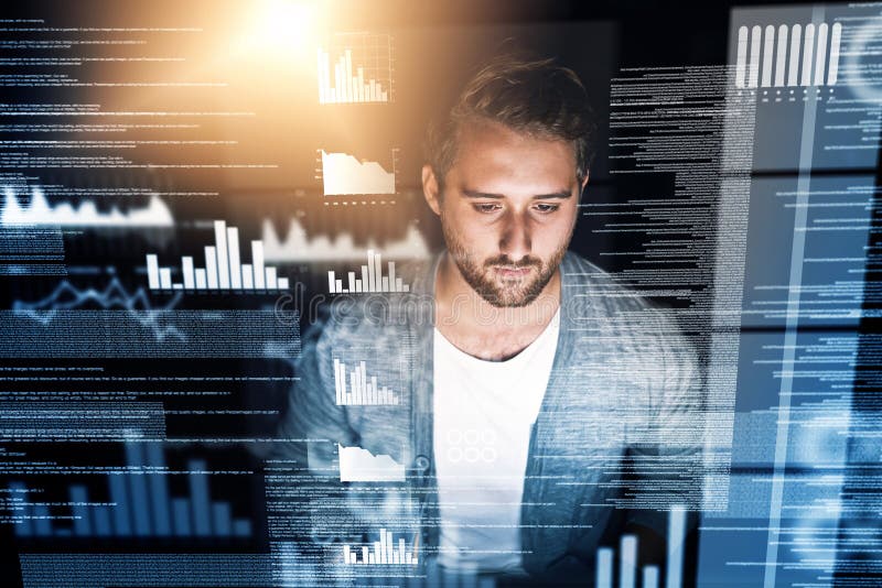 Man Web Design And Overlay For Coding Software Statistics And Fintech Or Ecommerce With Lens