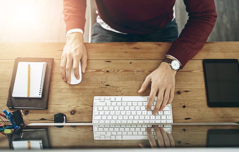Man, Web Designer or Hands on Computer in Top View for Online Research ...