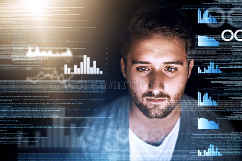 Man Web Developer And Overlay With Graph Coding And Stats For App