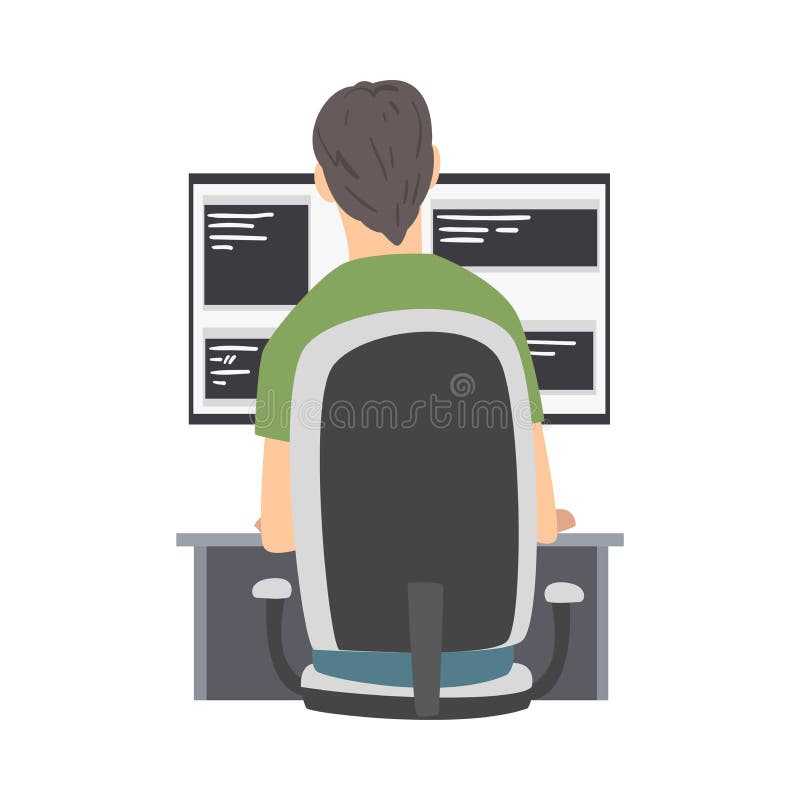 Programmer Sitting Working On Lap Top Funny Character Stock Vector Illustration Of Geometric