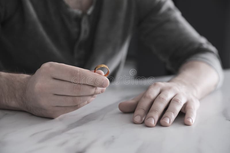 Man with Wedding Ring at Table, Closeup. Cheating and Breakup Stock ...