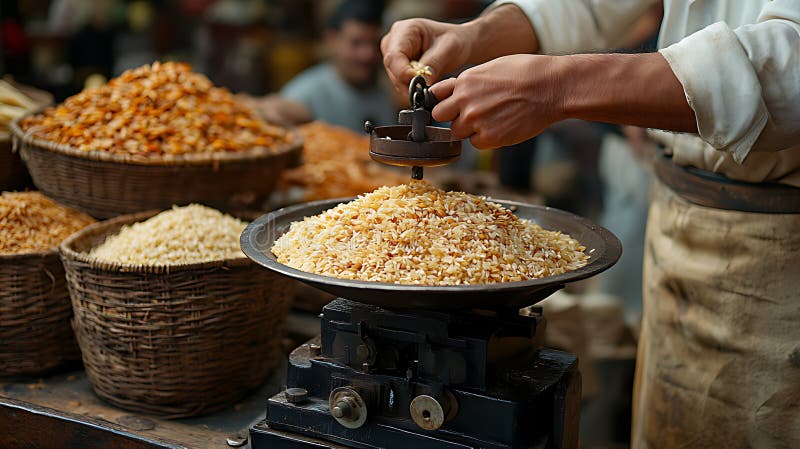 A Man Weighs Rice at a Market Stall Using an Old-fashioned Balance ...