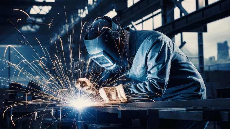 A Man Welding in a Factory with Sparks Flying from His Hands, AI Stock ...