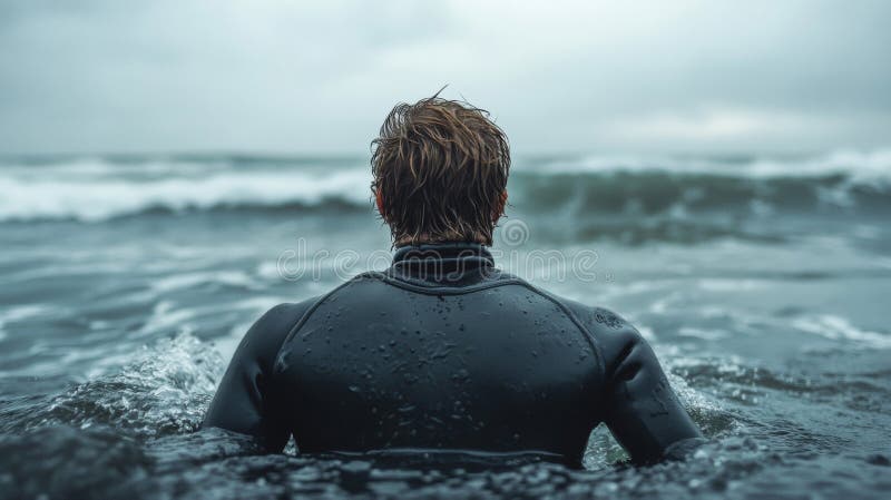 Man in Wetsuit Facing Ocean Waves Stock Illustration - Illustration of ...