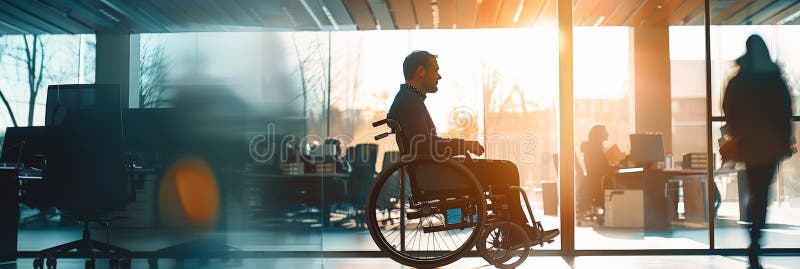 Man in a Wheelchair Moving through a Busy Modern Office at Sunrise ...