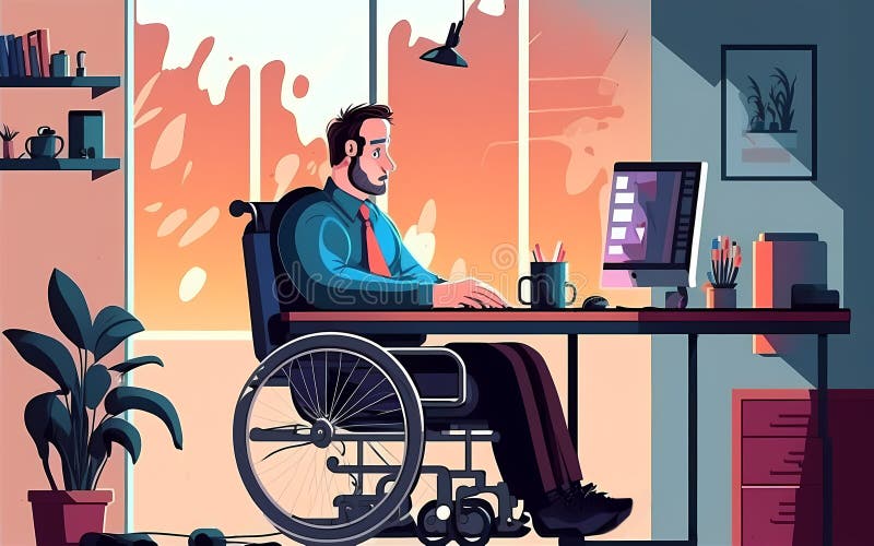 Man in a Wheelchair Sitting at a Desk with a Computer. Stock Image ...