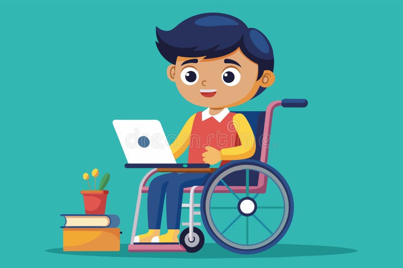 A Man in a Wheelchair is Using a Laptop, Disabled Student Customizable ...