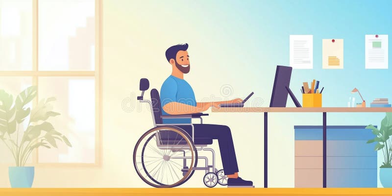 Man Wheelchair Working Desk Computer Modern Office Environment Stock ...