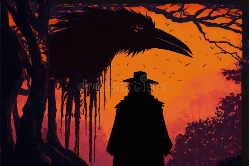 A Man Whispering To a Large Raven on a Tree Branch Stock Illustration ...