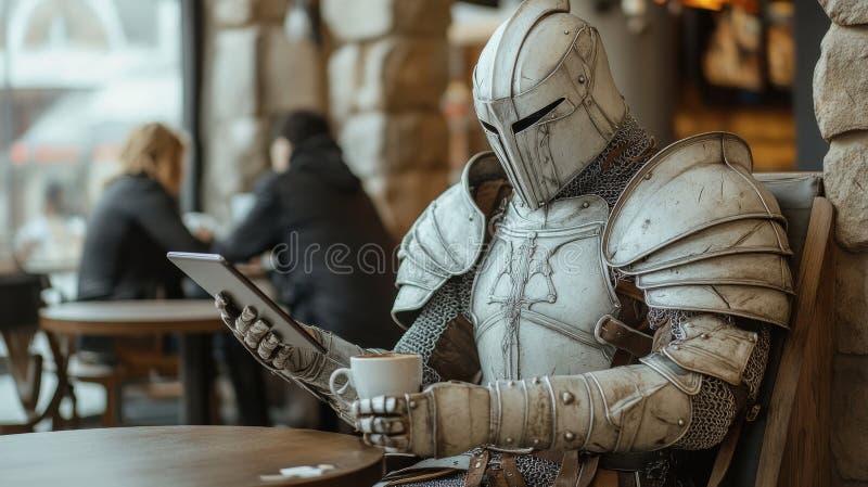 A Man in a White Armor Sitting at Table with Tablet, AI Stock Image ...