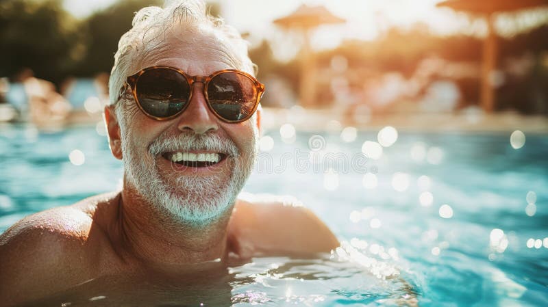 A Man with a White Beard and Sunglasses in the Pool, AI Stock Image ...