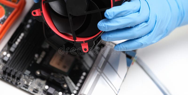 Man in White Gloves Installing Laptop Fan Stock Photo - Image of inside ...