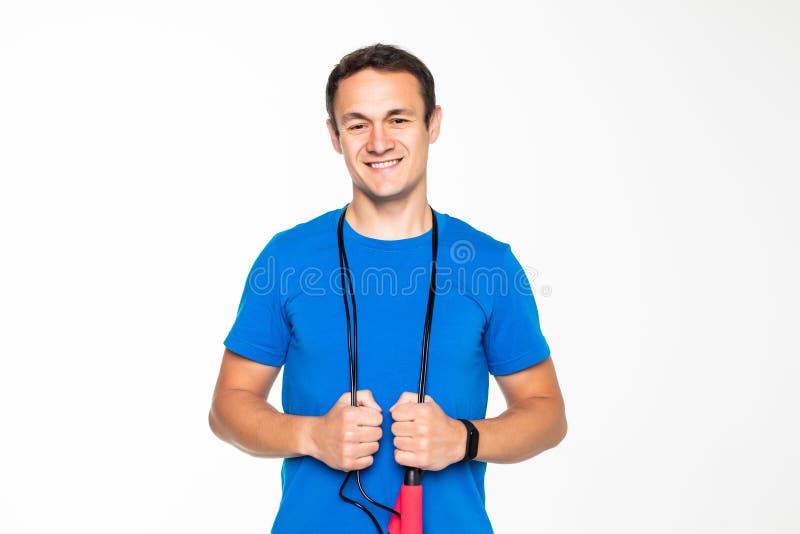 Man Holding a Jump Rope on White Background Stock Photo - Image of ...