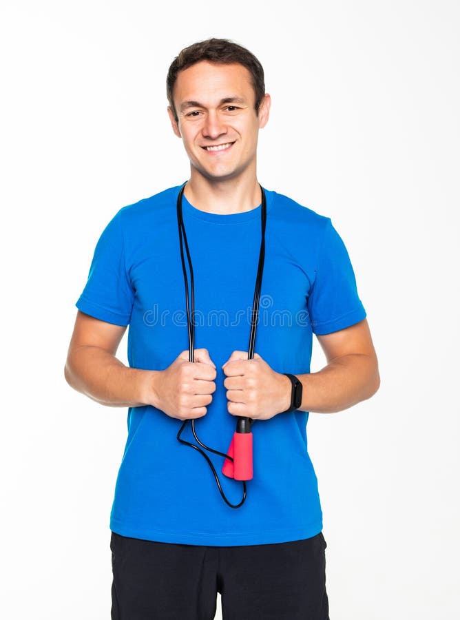 Man Holding a Jump Rope on White Background Stock Image - Image of ...