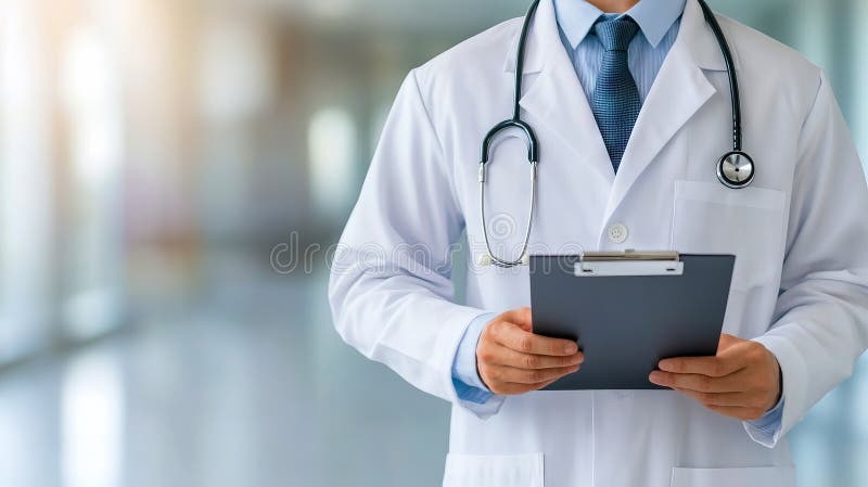 A Man in a White Lab Coat Holding a Clipboard and a Stethoscope Stock ...