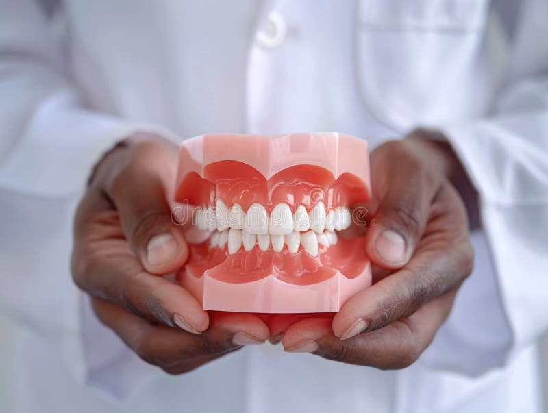 A Man in a White Lab Coat Holds a Tooth Model in His Hands with a ...