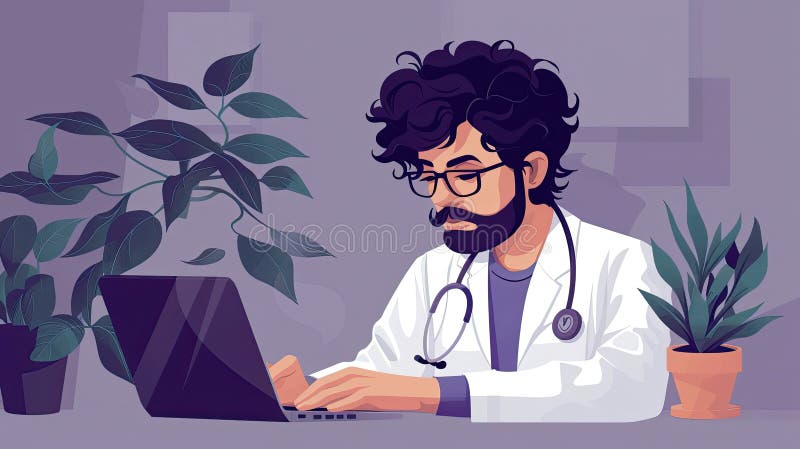 A Man in a White Lab Coat is Typing on a Laptop Computer Stock Photo ...