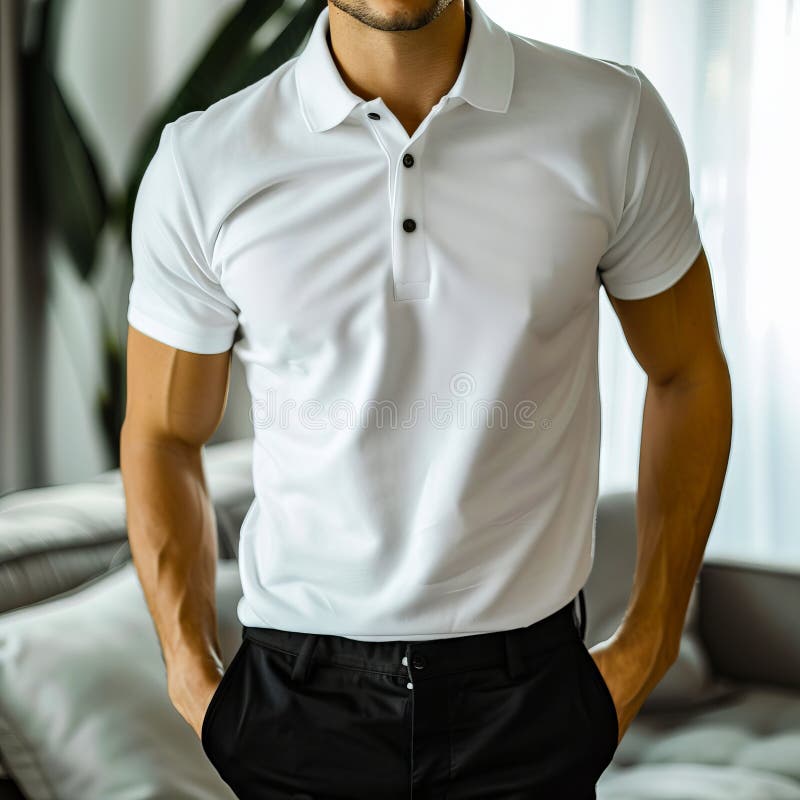 A Man in a White Polo Shirt Standing in Front of a Couch Stock Image ...