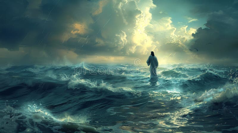 A Man in a White Robe is Walking through the Ocean Stock Image - Image ...