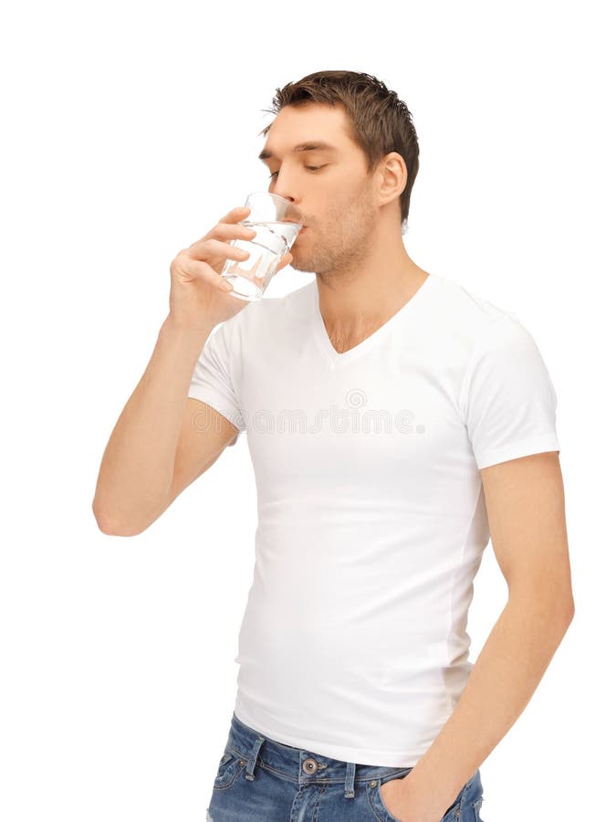 Man in White Shirt with Glass of Water Stock Image - Image of drinking ...