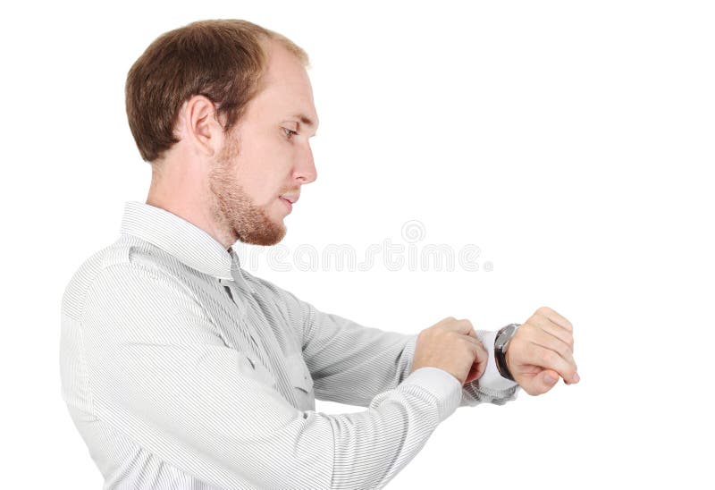 Man in White Shirt Looking at Hand Watch Isolated Stock Image - Image ...