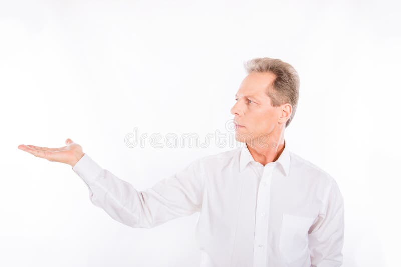 A Man in White Shirt Stares with Put Out Hand Stock Photo - Image of ...