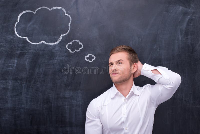 Man in White Shirt Thinking Hard Stock Image - Image of hand ...