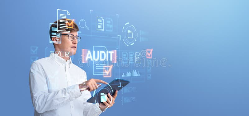 Man in White Shirt Using a Tablet with Digital Audit Graphics Ov Stock ...