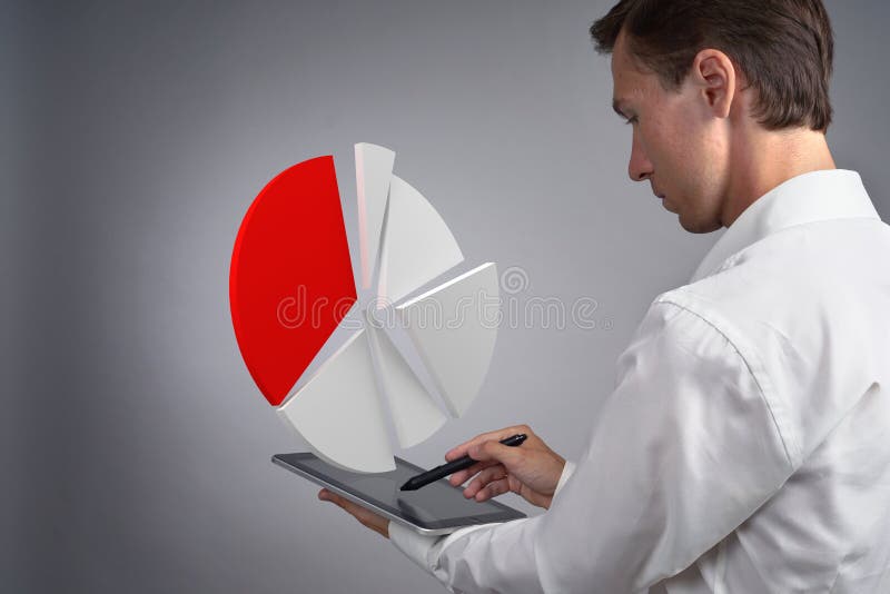 Man in White Shirt Working with Pie Chart on a Tablet Computer ...