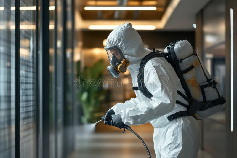 A Man in a White Suit and Mask Spraying a Room Stock Image - Image of ...