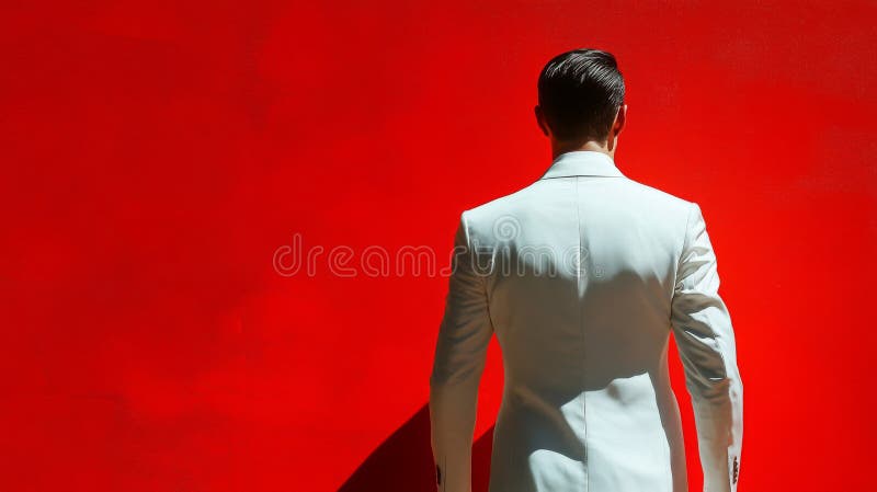 Man in White Suit Walking Away from Red Wall Stock Illustration - Illustration of architecture ...