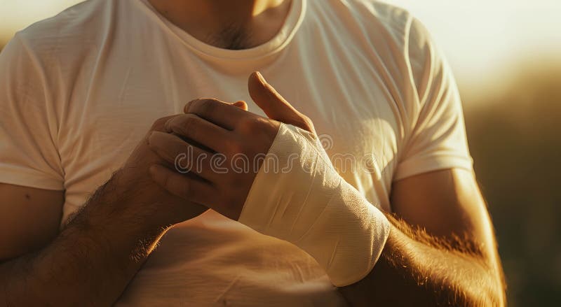 A Man in a White T-shirt with a Bandaged Arm in a Cast. Close-up View ...