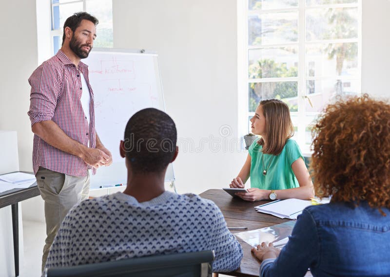 Man, Whiteboard and Presentation with Training at Startup for Staff ...