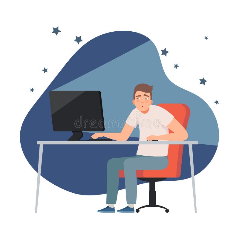 Man Who is Sitting at the Computer at Night Time Vector Illustration ...