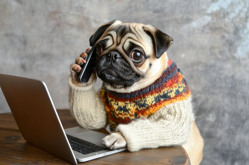 The Man Whose Head is that of a Pug Dog is Talking on a Mobile Phone in ...