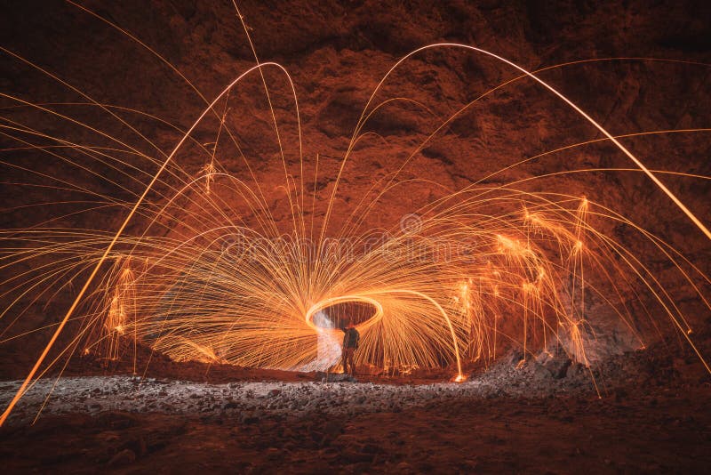 Man Wielding Rounded Burning Fire Spark Stock Photo - Image of cave ...